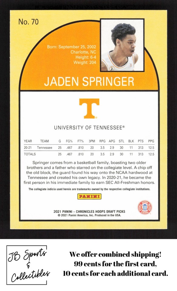 2021 Panini Chronicles Draft Picks NBA Hoops Tribute Jaden Springer #70 ...
