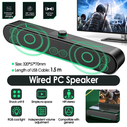 USB Wired Speaker PC Laptop Soundbar Stereo Bass RGB Computer Bluetooth ...
