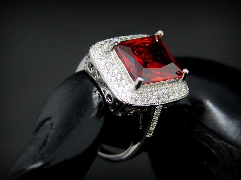 6 cwt. Red Garnet Square Ring made w Swarovski Crystal Rhodium Plated ...