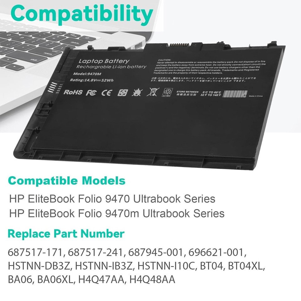 BT04XL BATTERY FOR HP EliteBook Folio 9470M 9480M HSTNN-DB3Z 682962-001 ...
