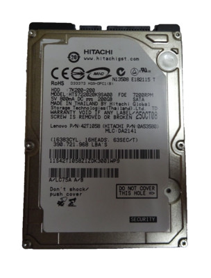 200 GB SATA NOTEBOOK HDD HITACHI HTS722020K9SA00 S/N: A/LC75A/B 2,5 " # ...