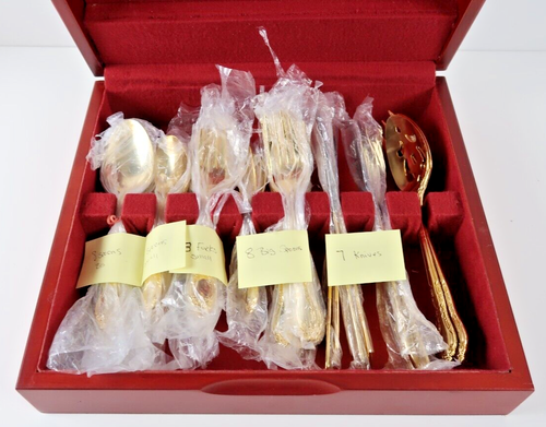 Prescott Forge - 44 Piece Gold Plated Flatware Set W/ Wooden Storage ...