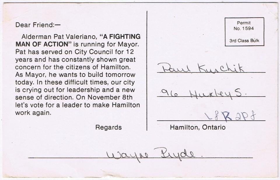 Postcard Alderman Pat Valeriano Running For Mayor Hamilton Ontario 1982 ...
