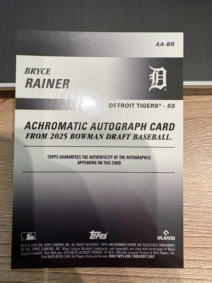2025 Bowman Draft Chrome #AA-BR Bryce Rainer Achromatic Auto 066/250 SP ...