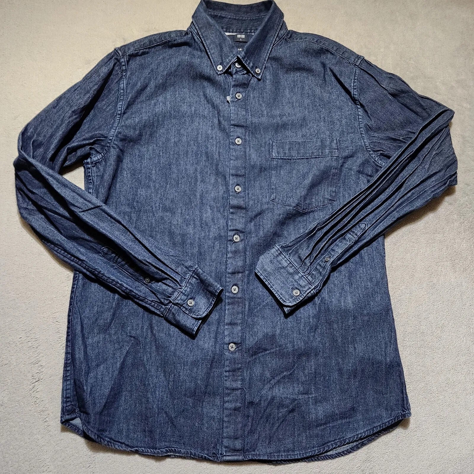 Uniqlo Denim Shirt Men's Large Blue Dark Wash Jean Everyday Casual ...
