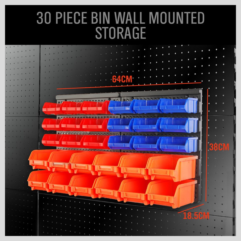 Wall Mounted Storage Bins Parts Rack 30 Bin Organizer Garage Plastic ...