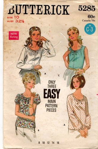 Vtg 1969 Butterick 5285 Drawstring Neckline Peasant Blouses Size 10 ...