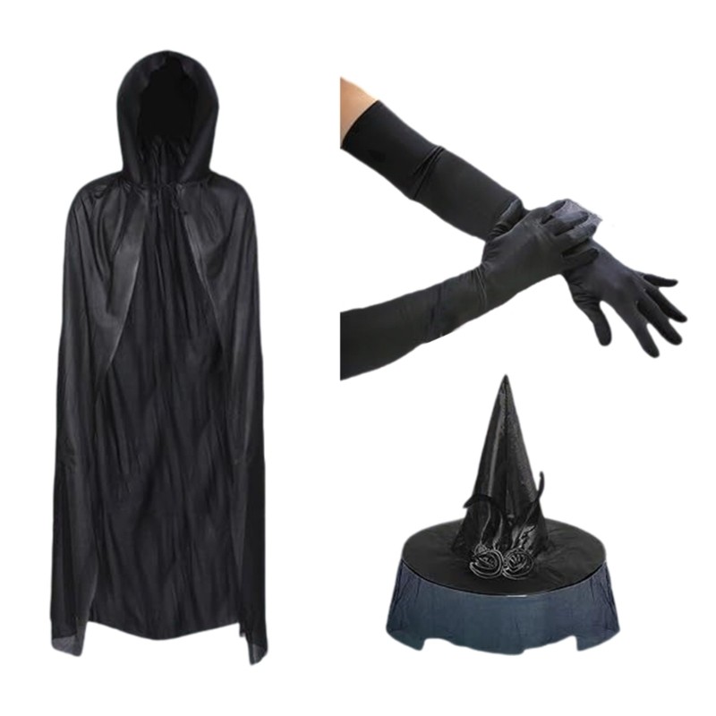 Witch Hooded Cape Cloak with Feathered Witch Hat Long Gloves Women ...