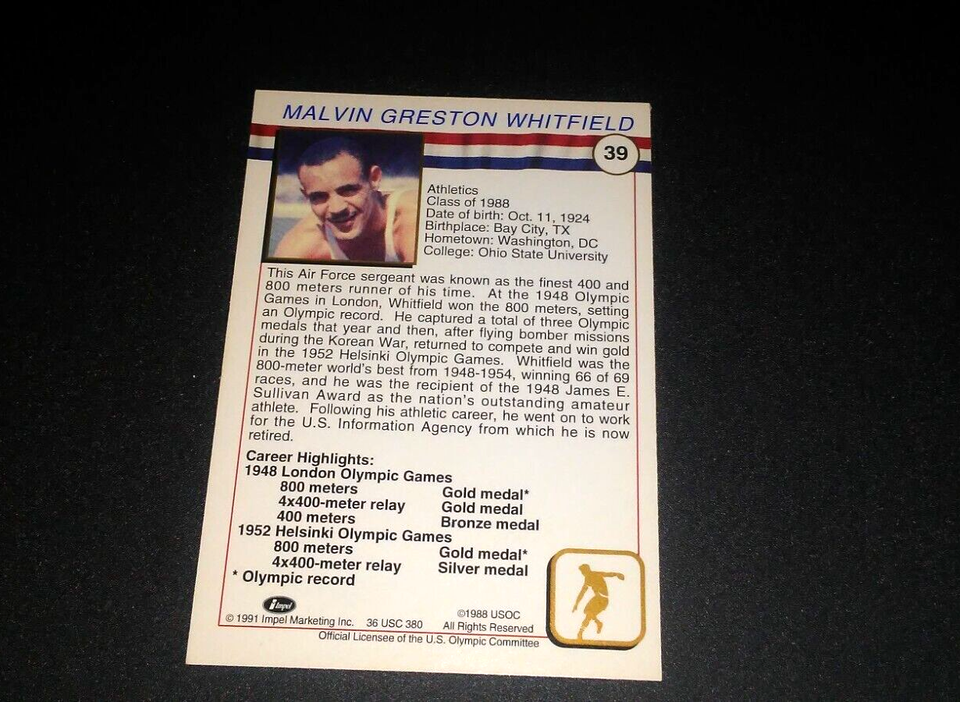 USA OLYMPICS HALL OF FAME MAL WHITFIELD Athletics 39-Impel 1991-L@@K ...