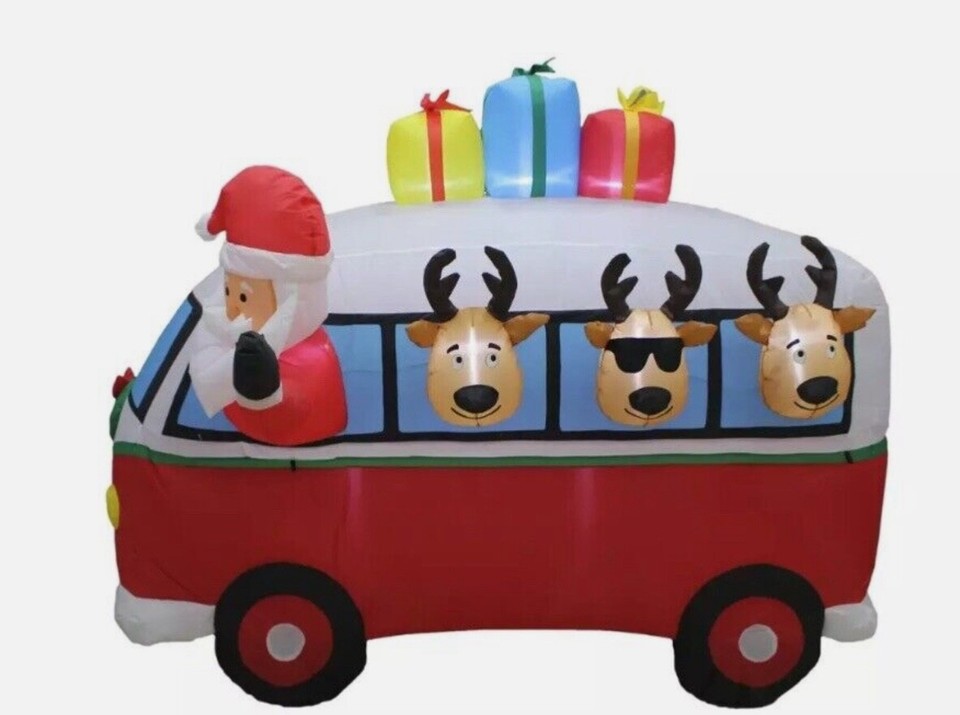 SANTA Holiday Time Inflatable Vintage Holiday Bus VAN 7’ wide CHRISTMAS ...