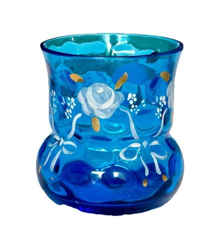 Vintage Blue Glass Toothpick Holder - Hand Painted White Roses & Bows ...