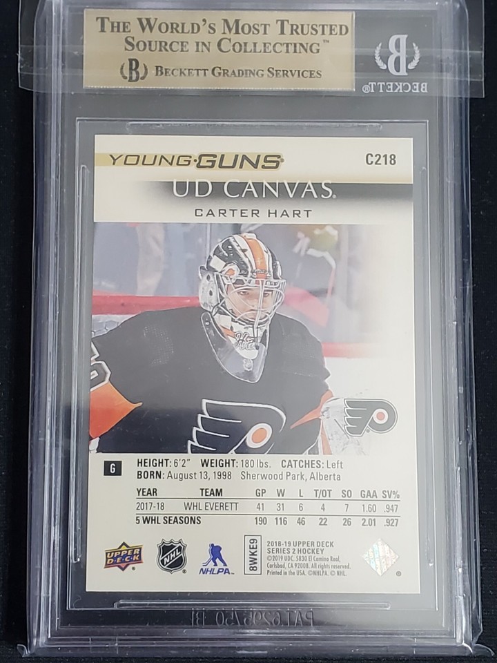 Carter Hart 2018-19 Young Guns Canvas RC BGS 9.5 GEM MINT With 3 10 ...
