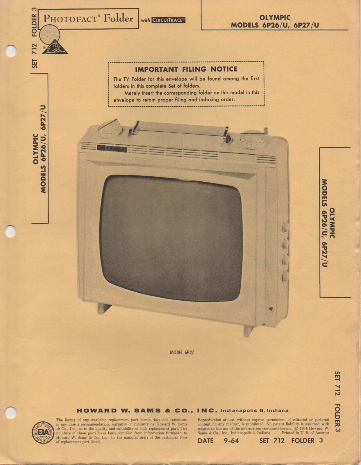 1964 OLYMPIC 6P26 TELEVISION SERVICE MANUAL PHOTOFACT 6P26U 6P27 6P27U ...