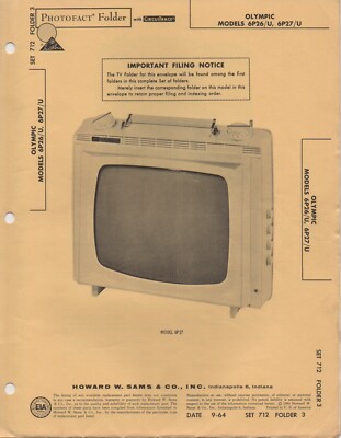 1964 OLYMPIC 6P26 TELEVISION SERVICE MANUAL PHOTOFACT 6P26U 6P27 6P27U ...