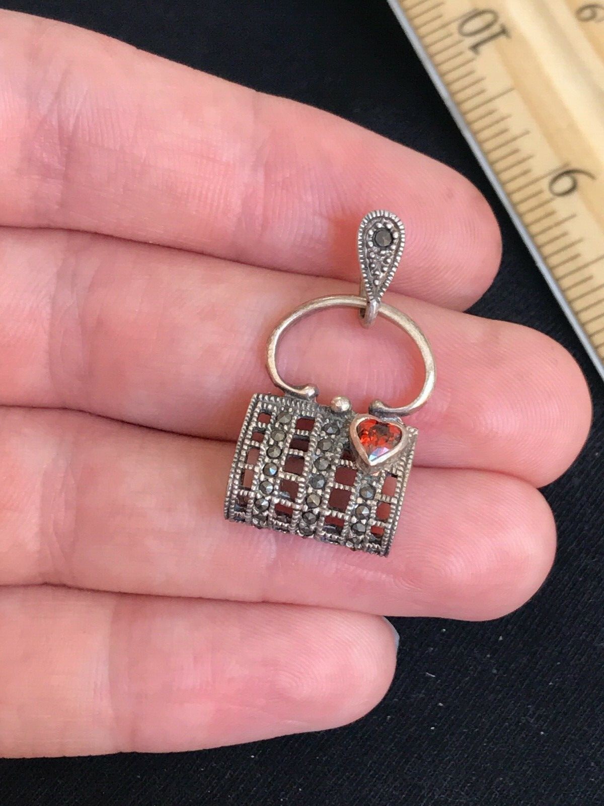 Designer MT Sterling Silver & Marcasite Garnet Heart Purse Pendant 1.25 ...