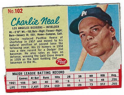 Post Baseball Card 1962 # 102 Dodgers Charlie Neal ExMt | eBay