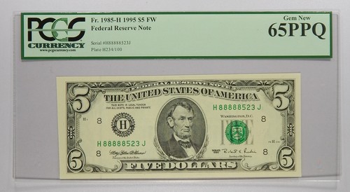 1995 $5 St. Louis PCGS 65PPQ Lucky 8's Fancy Serial Number 88888523 | eBay
