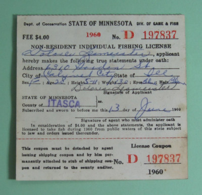 Vintage 1960 Minnesota Non-Resident Individual Fishing License...Free ...