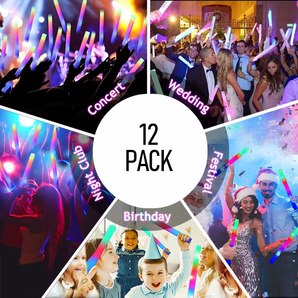 12-96 LED Light Up Foam Sticks Wand Rally Batons DJ Flashing Glow Stick ...