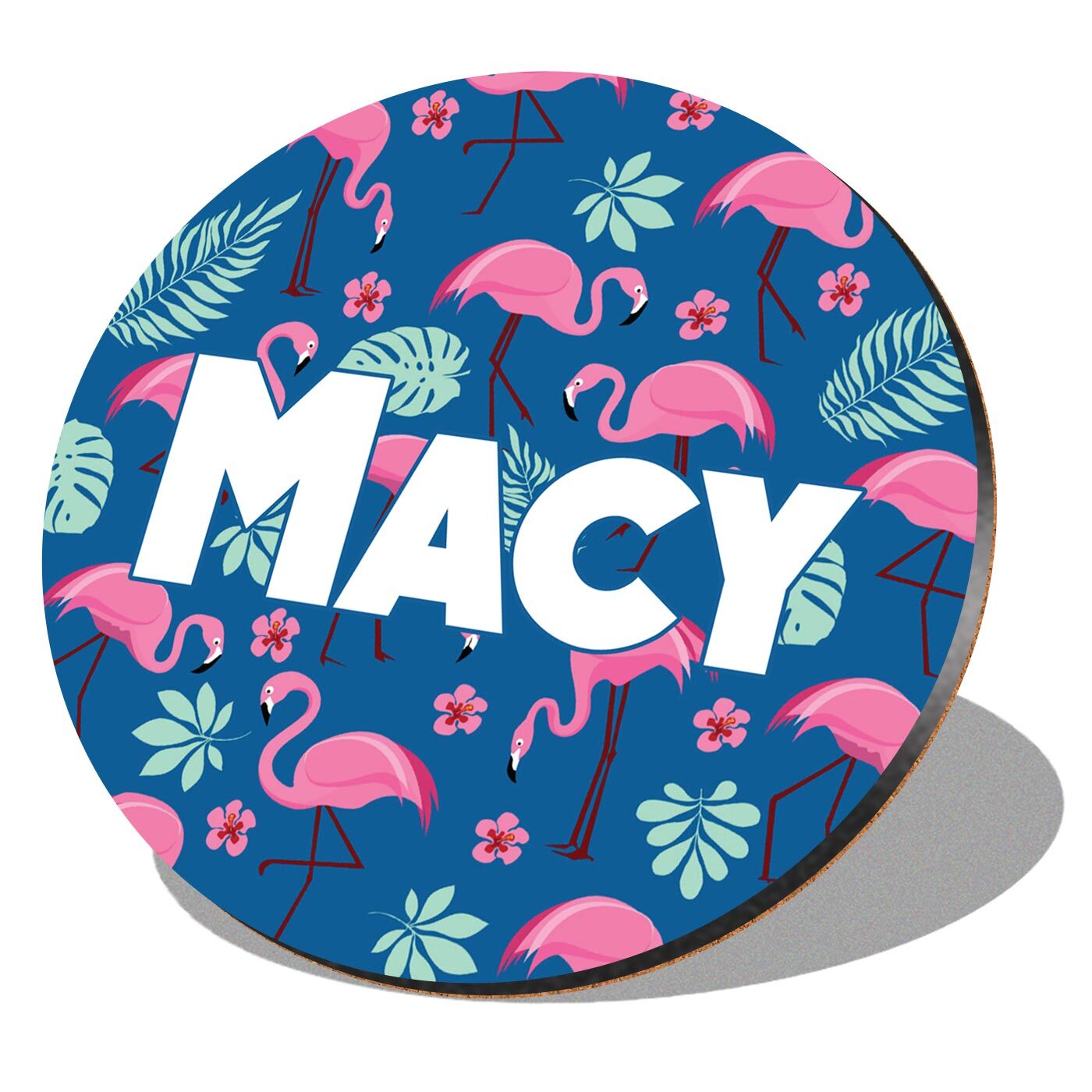 1 x Round Coaster - Name Macy Tropical Flamingo Palm Flower Lettering ...