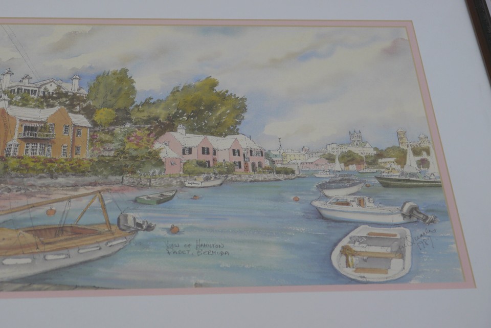 1987 FRAMED & MATTED SUE QUARLES PRINT, VIEW OF HAMILTON PAGET, BERMUDA ...