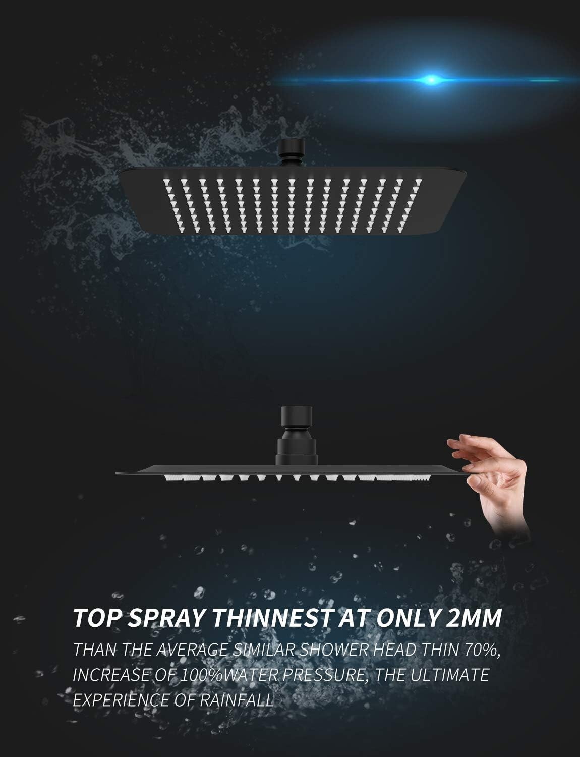 Black Rain Shower Head 16" HIGH PRESSURE Square Stainless Steel ...