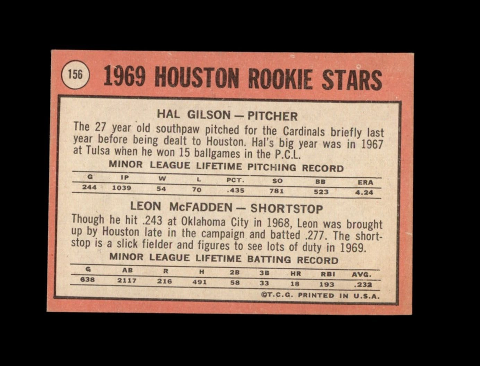 1969 Topps Baseball #156 Houston Astros (Hal Gilson Leon McFadden) NM # ...