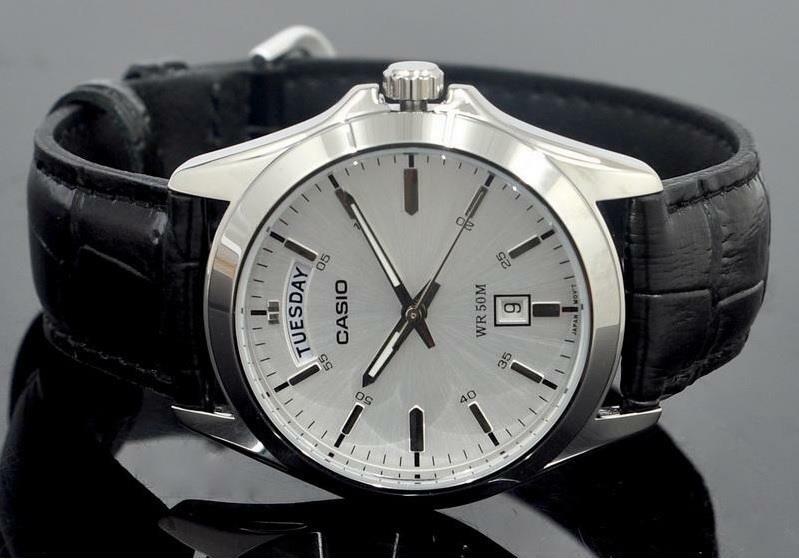 Casio MTP-1370L-7A Analog Silver Dial Black Leather Strap Men's Watch ...