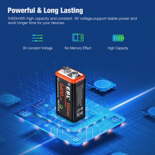 4 Pack 9v Battery USB Rechargeable Lithium 6f22 PP3 Block 9volt Li-ion ...