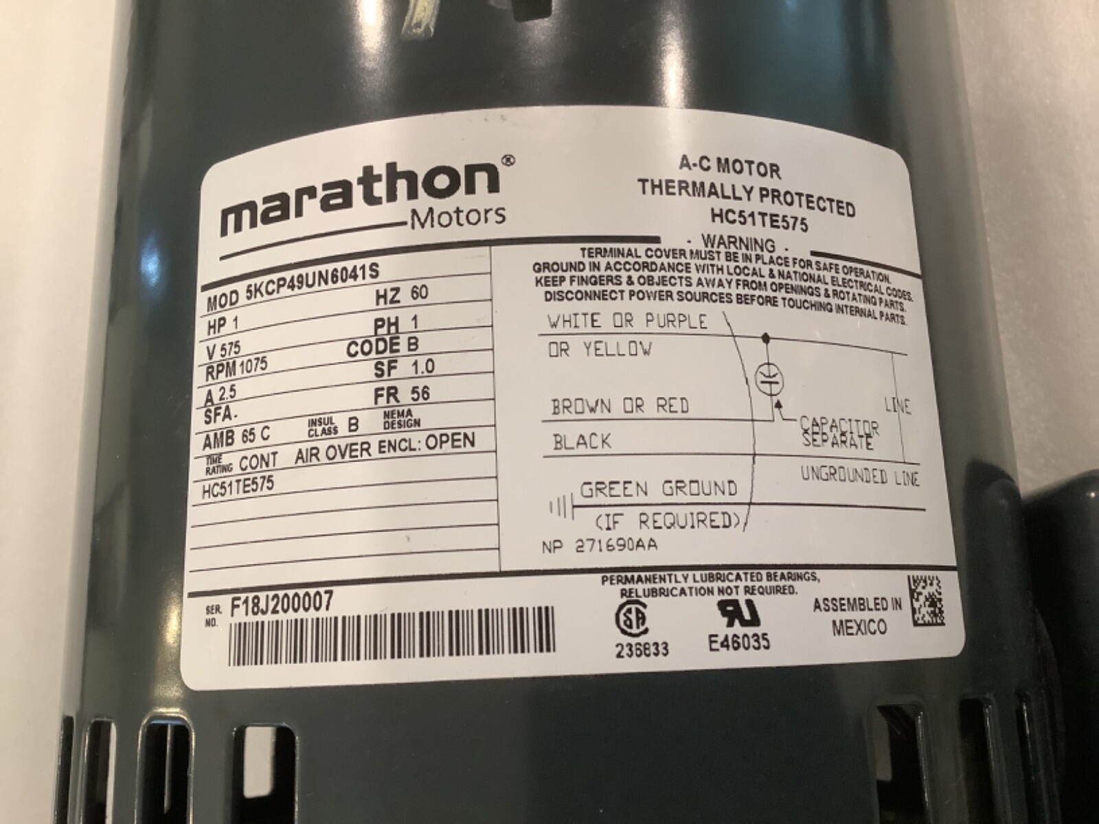 Marathon Electric 5KCP49UN6041S 1HP 1075 RPM FR56 V575 PH1 AC Motor…NEW ...