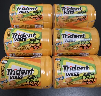 6 Bottles Trident Vibes Sour Patch Kids Tropical Peach Mango 40 Piece ...