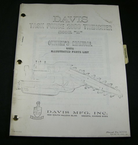 DAVIS Task Force 2000 Trencher Tractor Model A Parts Owners Manual Book ...