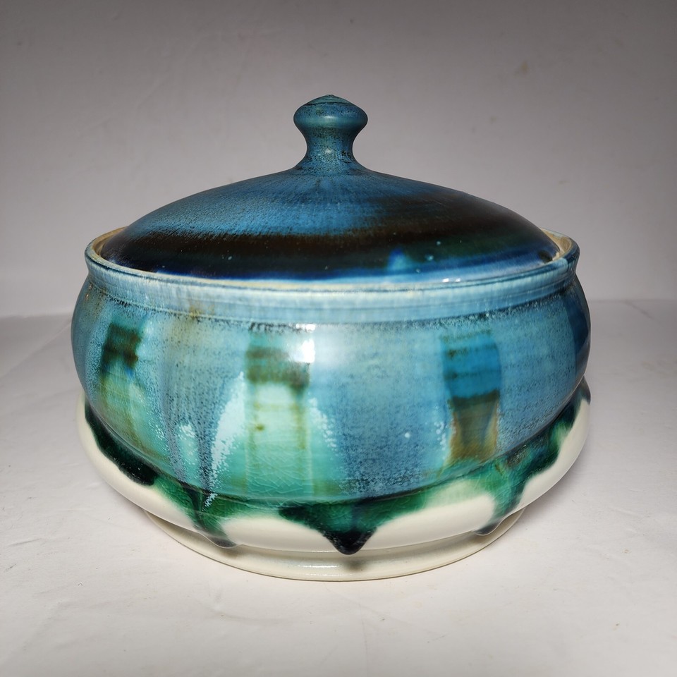 CL Chris Lively Pottery Bowl Bean Pot Lid Winter Blue Drip Virginia ...
