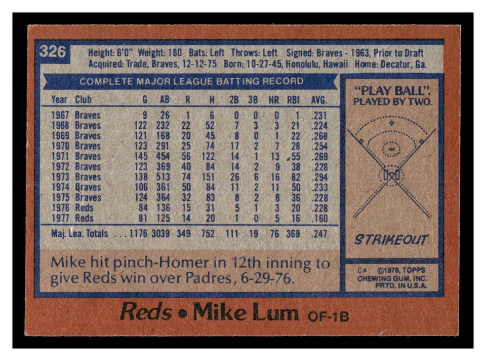 1978 Topps #326 Mike Lum - Cincinnati Reds | eBay
