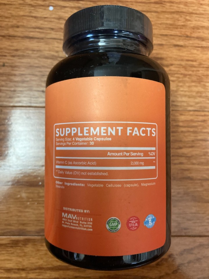 MAV Nutrition Vitamin C 2000mg Dietary Supplement 120 Capsules Immune ...