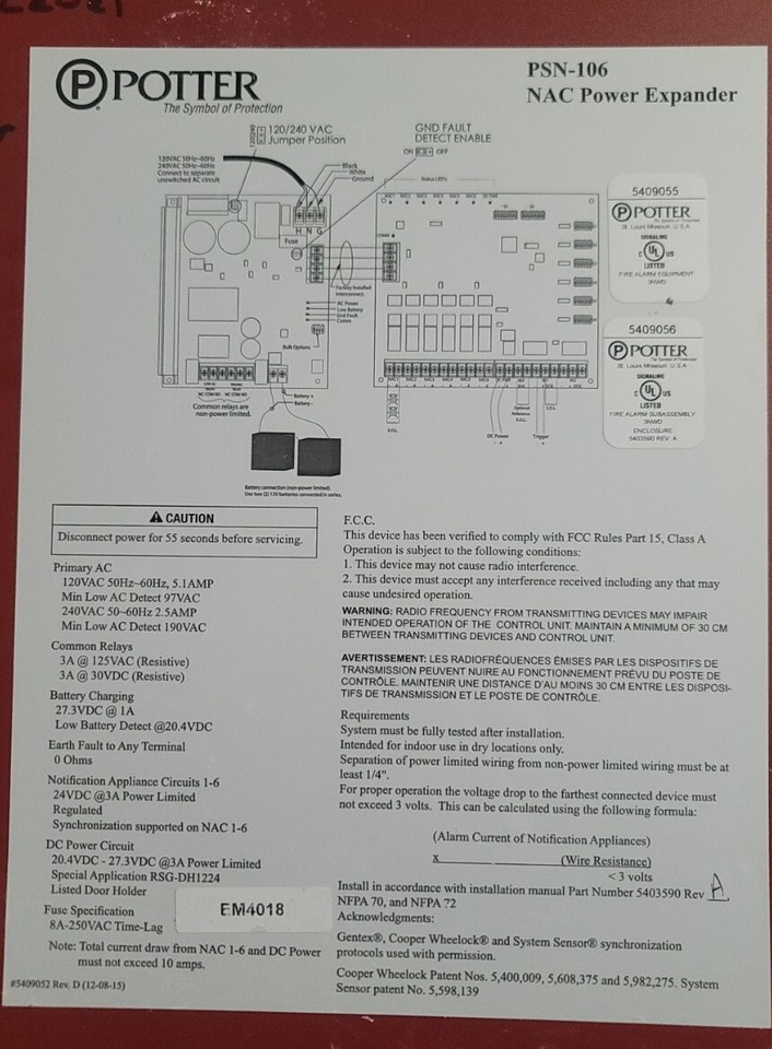 Potter Electric Signal Conventional Power Supply with 6 Outputs 10A PSN ...