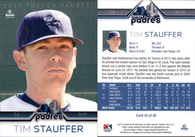 Tim Stauffer 2013 Brandt Tucson Padres #35 RC Card Tucson Padres | eBay