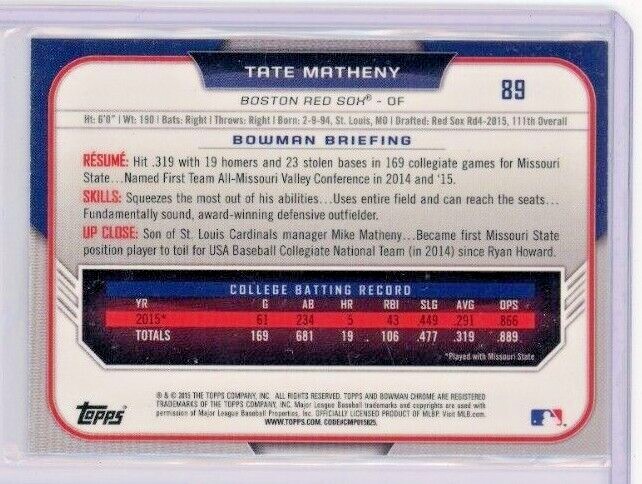 2015 Bowman Chrome Draft #89 Tate Matheny Rookie RC - Boston Red Sox ...