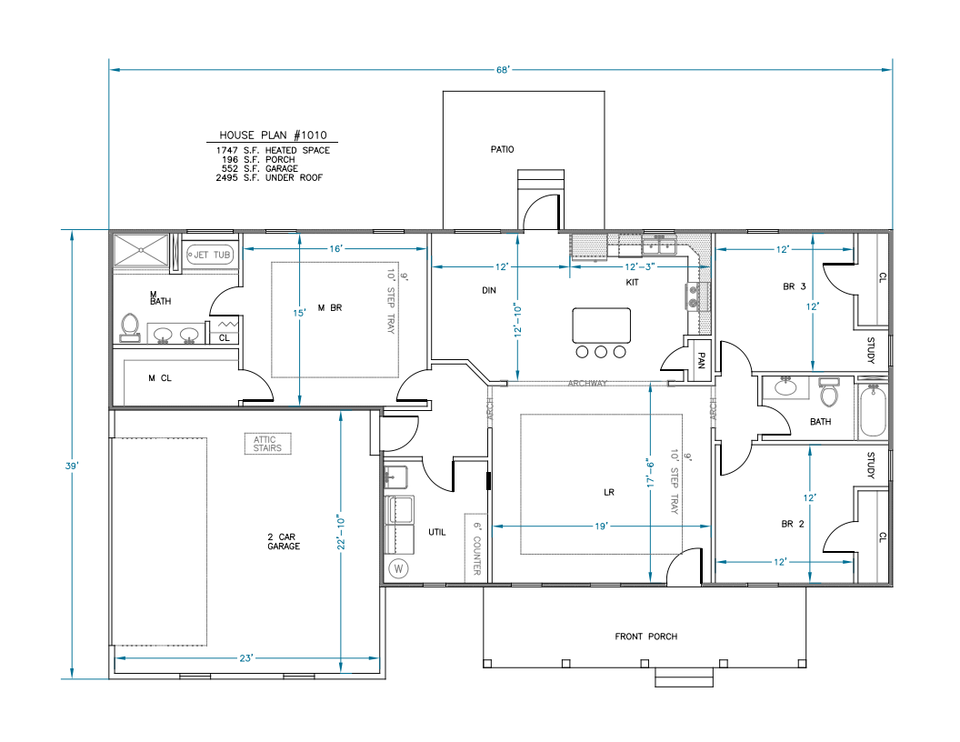 Ranch House Plans 1747 SF 3 Bed 2 Bath Open Floor Split BR (Blueprints ...