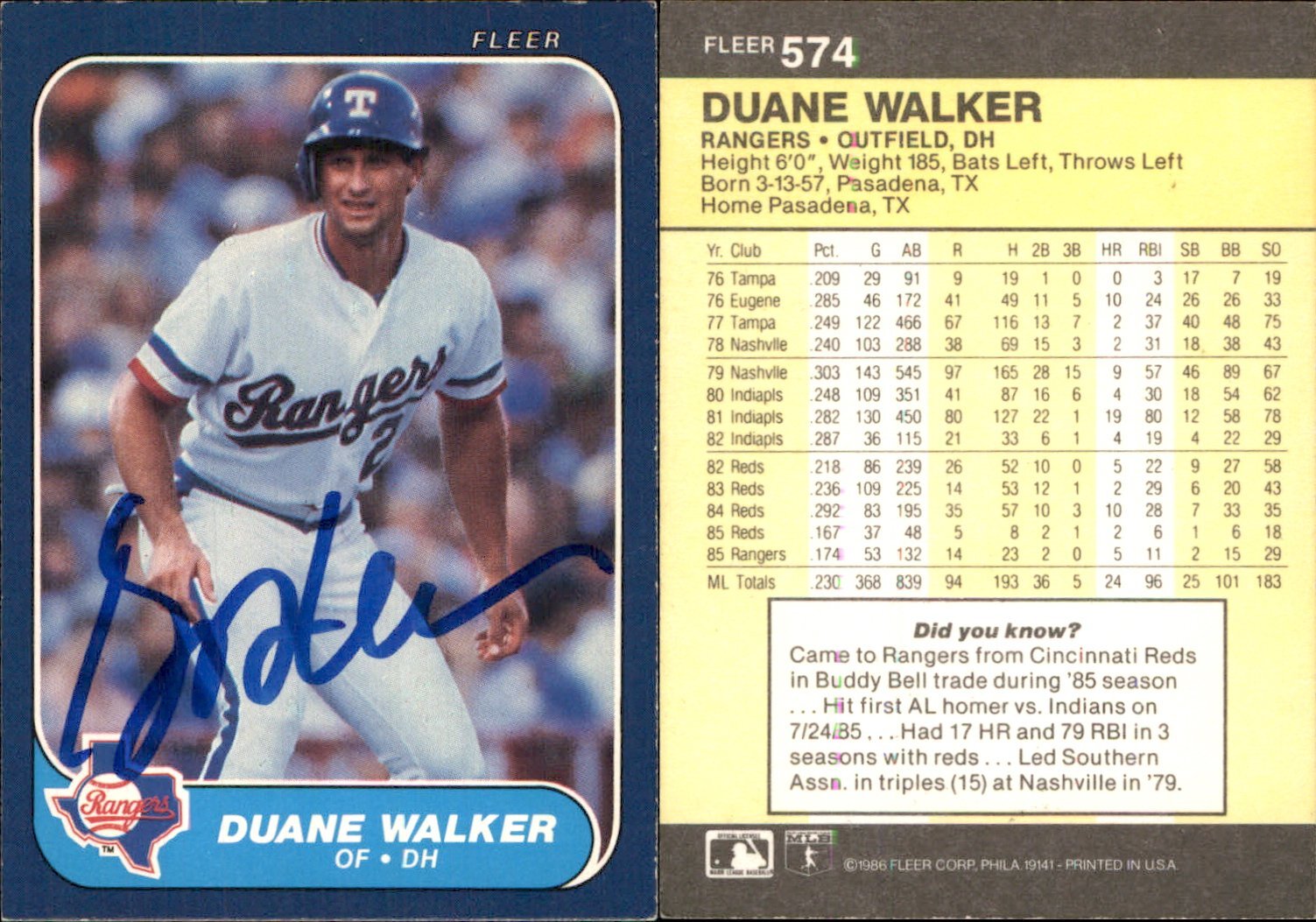Duane Walker Signed 1986 Fleer #574 Card Texas Rangers Auto AU | eBay