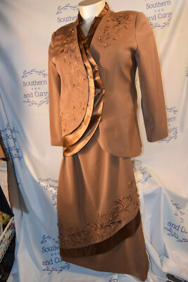 Lisa Rene' 2 Pc Suit, Skirt/Blazer, Brown, Decorative Embroidery ...