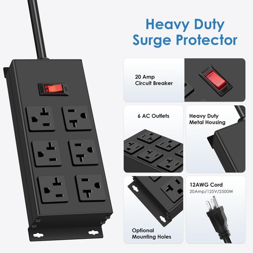 Heavy Duty 20 Amp Power Strip Garage 6 Outlets Metal 12 Gauge Surge ...