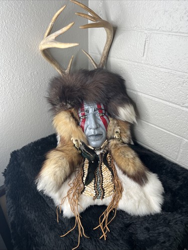 Native American Indian Painted Spirit Mask Handmade Blue 12x24 real fur ...