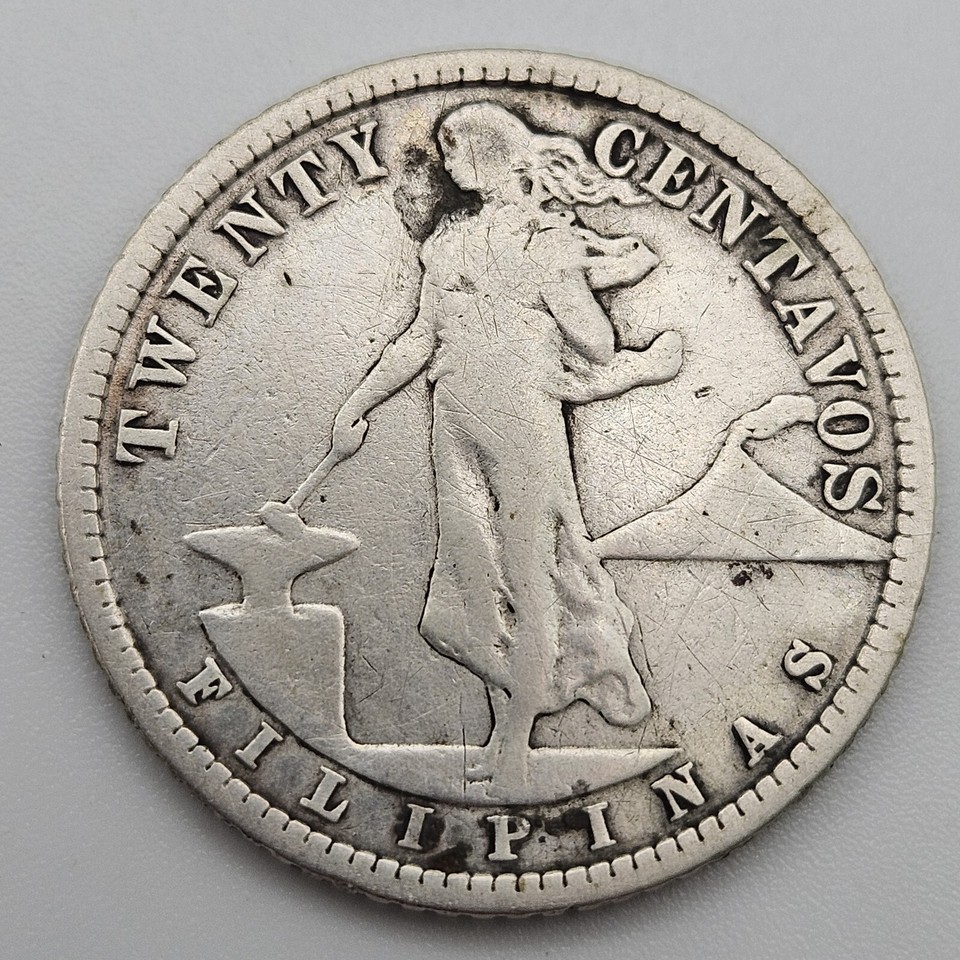 1928-M Mule 20 Centavos Fine Philippines US Manila Mint Silver Coin ...