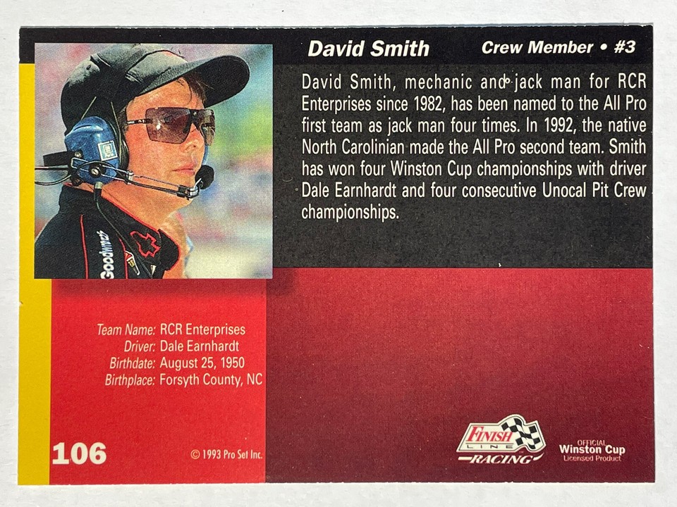 DAVID SMITH Crew Member DALE EARNHARDT SR 1993 Pro Set Finish Line Card ...