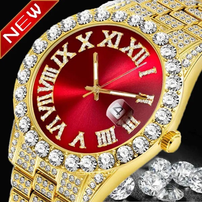 Red Face quartz watches for men with auto date, has diamond like stones ...