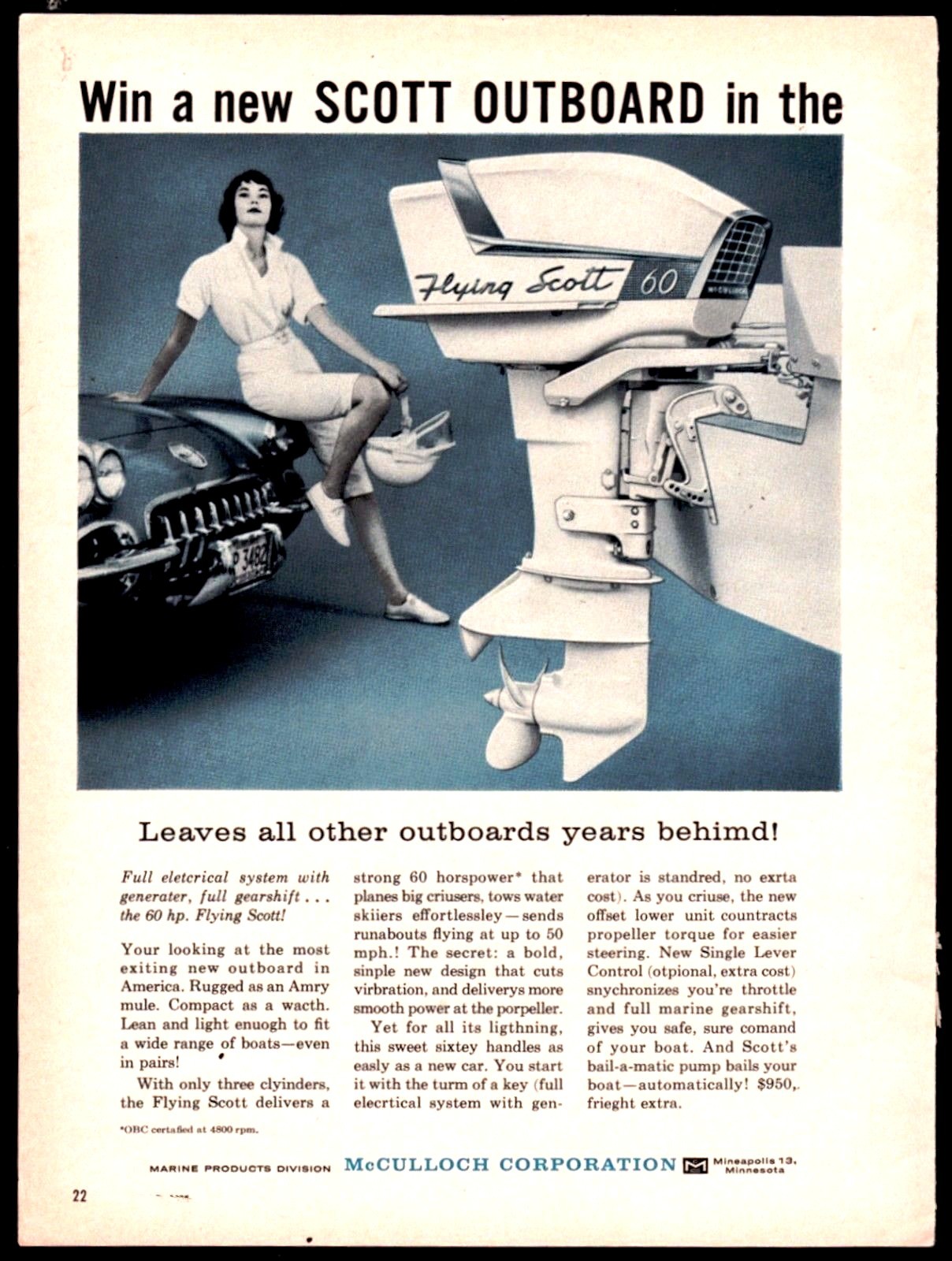 1959 SCOTT-ATWATER Flying Scott 60 Outboard Motor w/ Chevrolet CORVETTE ...