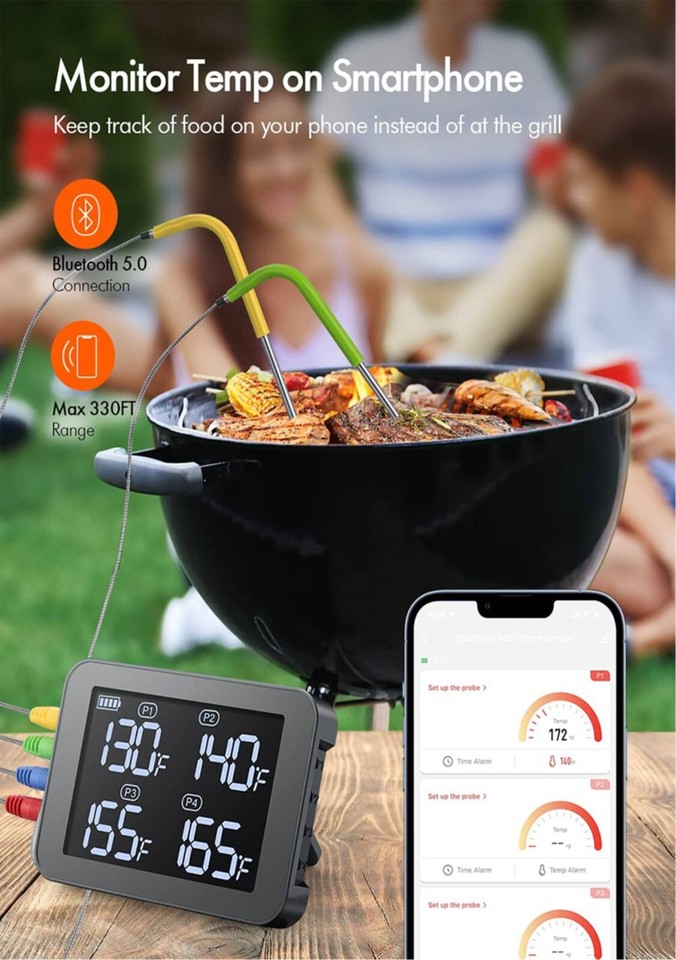 Bluetooth 4 Probe Meat Thermometer Wireless Roast BBQ Turkey Kitchen ...