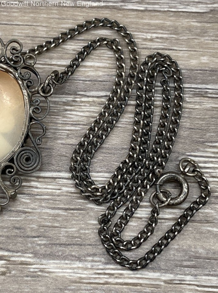 Unmarked Tests Sterling Silver Vintage Filigree Border Cameo Necklace ...