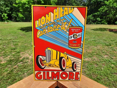 HEAVY PORCELAIN GILMORE LION HEAD MOTOR OIL SIGN GAS STATION PUMP PLATE ...